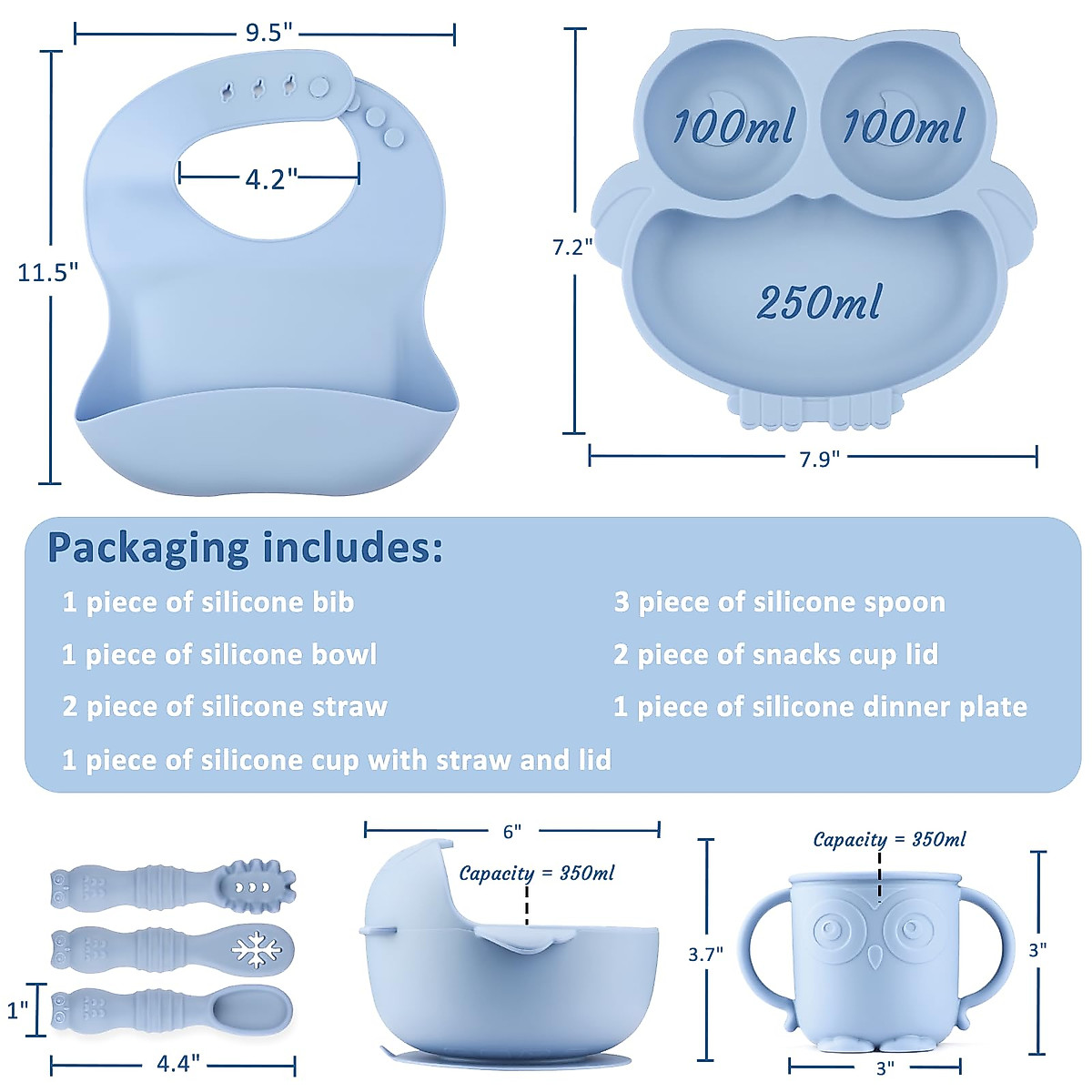 UHdod Silicone Baby Feeding Set, 12 PCS Baby Led Weaning Supplies with Suction Baby Plate and Bowl Set, Baby Spoon and Fork, Adjustable Bib, Sippy Cup with Straw and Lid, Baby Utensils for 6+Months