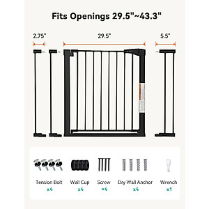 COMOMY 29.5-43.3" Safety Baby Gate Extra Wide, Auto Close Dog Gate for House Doorways Stairs, Pressure Mounted Easy Walk Through Pet Gate Child Gate, Includes 2.75" and 8.25" Extension, Black