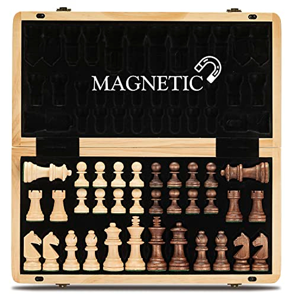 A&A 15 inch Foldable Wooden Magnetic Chess Set w/ 3 inch King Height Staunton Chess Pieces - Pine Box w/Mahogany & Maple Inlay