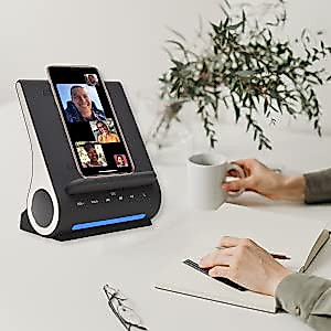 Fast 15 Watts Wireless Charger Sound Hub Bluetooth Speaker with Upgraded Mic Handsfree Calling Two USB Ports, Upright View Angle, Space Saving 4 in 1 Dock