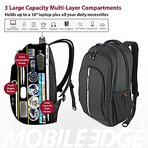 Mobile Edge Commuter Laptop Backpack for Men and Women, 16 Inch Computer Bag for Travel, Work, Commuting, with USB Charging Port, Lightweight, Black
