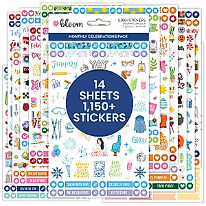 bloom daily planners Monthly Celebrations Planner Stickers for Calendar Decorating, Planning, Scrapbooking - Holiday, Seasonal, & General Events (14 Sheets, 1,100+ Stickers per Pack)