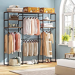 LITTLE TREE Free Standing Closet Organizer, Large Heavy-duty Garment Rack with Shelves and Hanging Rods,Open Wardrobe for Bedroom,Brown