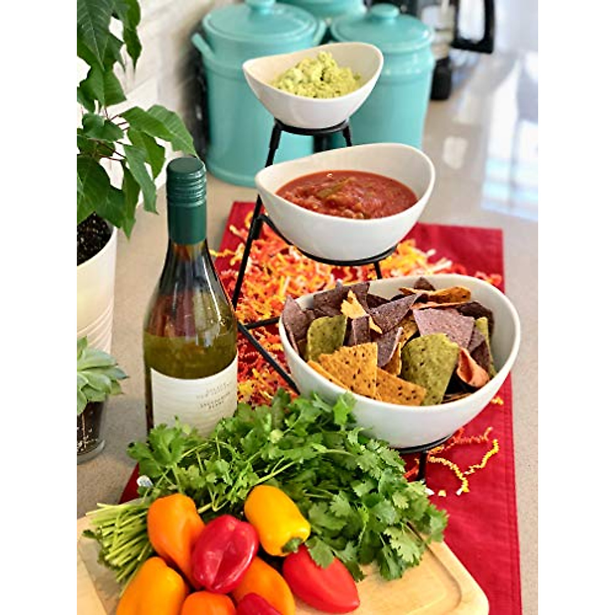 Partito Bella 3 Tier White Oval Bowl Set with Collapsible Thicker Metal Rack - Perfect Display for Chips, Dips, Candy, Fruit and More Collapsible Stand with Nesting Bowls for Easy Storage