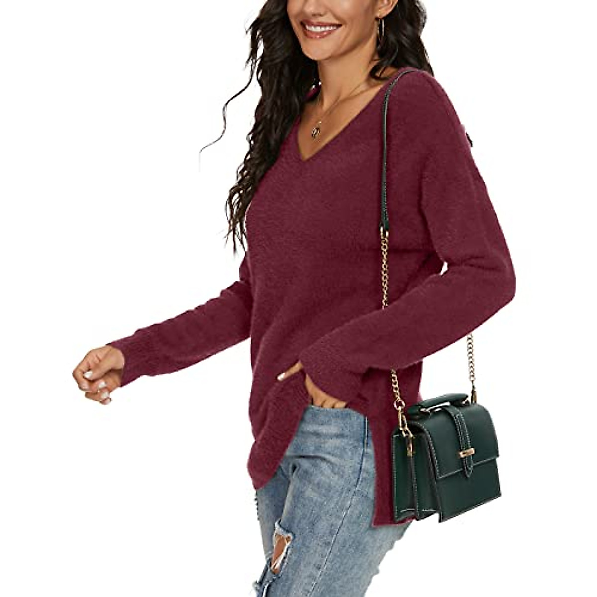 QIXING Women's Casual V-Neck Long Sleeves Side Split Loose Fit Fuzzy Knit Pullover Sweater Tops Wine Red-Small