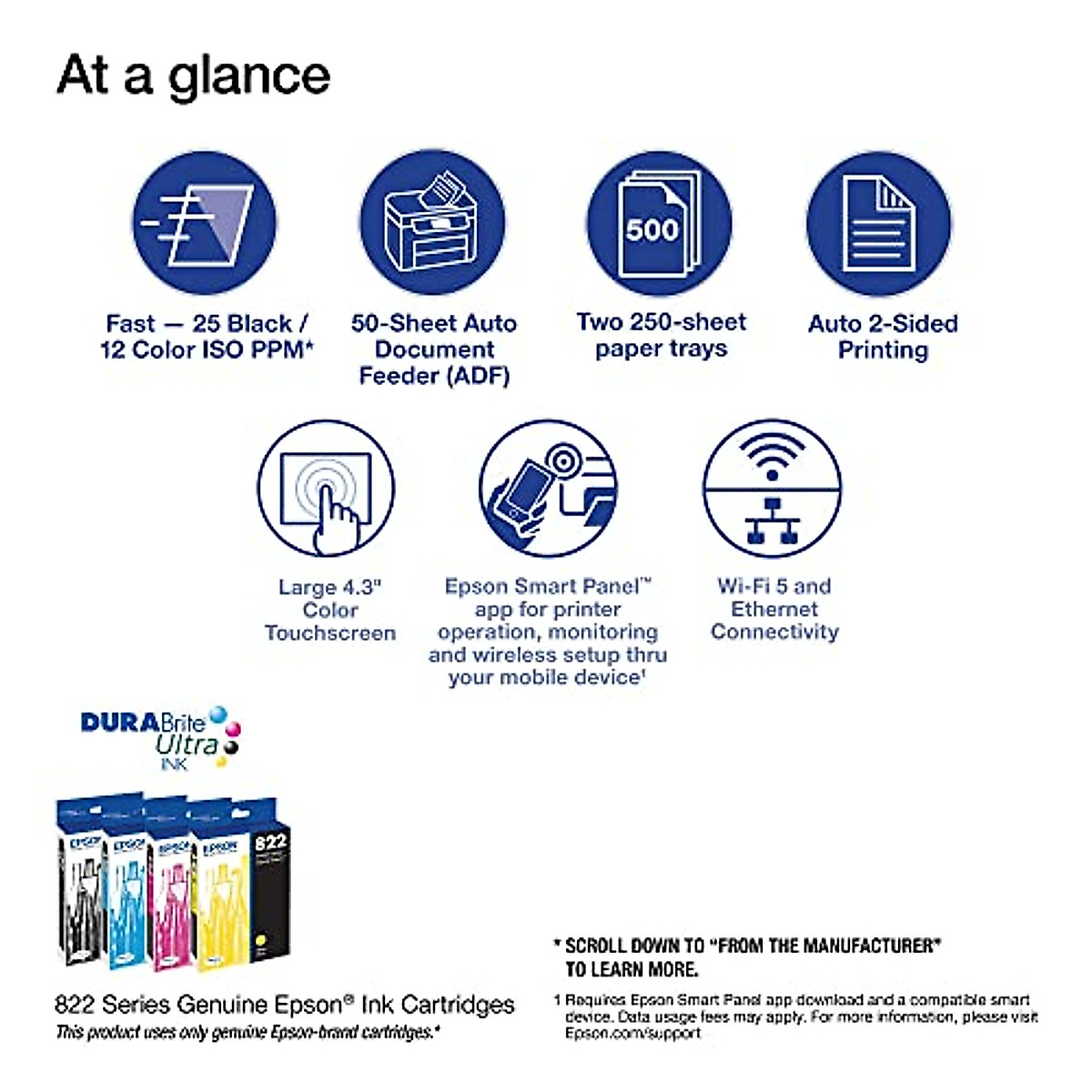 Epson Workforce Pro All-in-One WF-4833 Color Inkjet Printer, 4.3" Color Touchscreen Display, Wireless Connectivity, Automatic Duplex Printing, 4800x2400 dpi, Mobile Cloud Printing, Black, HDMI Cable