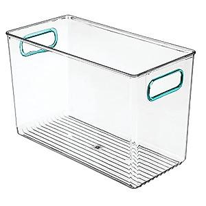 mDesign Plastic Storage Organizer Container Bin with Handles - for Bathroom Vanity Countertops, Shelves, Cabinets Organization - Holds Soaps, Body Wash, Shampoos, Lotion - 12" x 6" - Clear/Blue