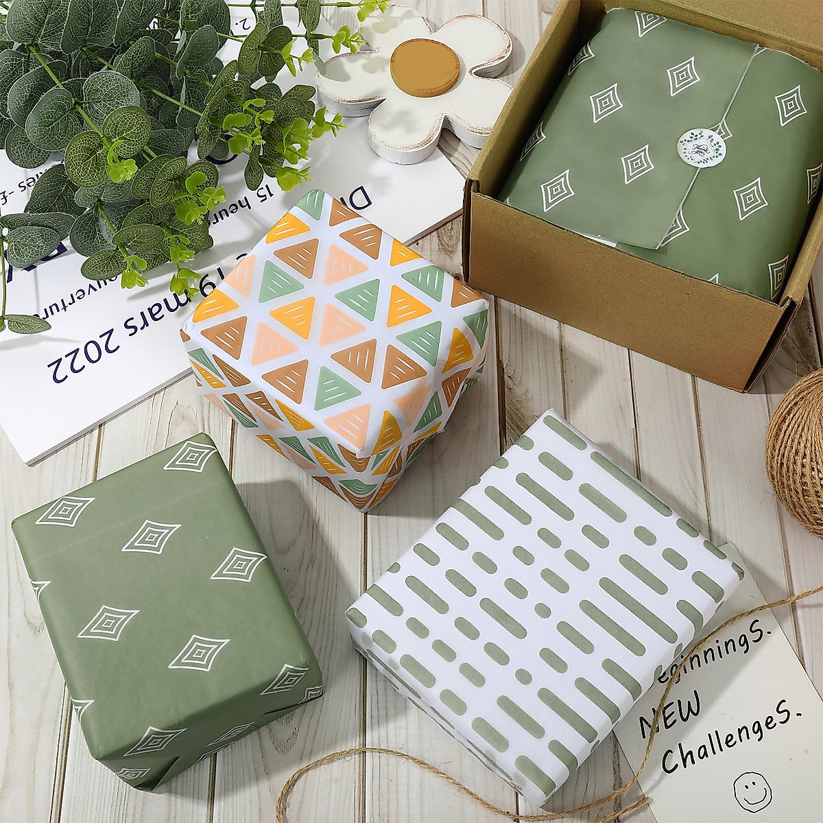 Whaline 90Pcs Boho Tissue Paper Triangle Dot Stripes Gift Wrapping Paper Pink Green Packaging Paper DIY Art Craft Paper for Farmhouse Home Birthday Baby Shower Party Gift Decor, 14 x 20 Inch