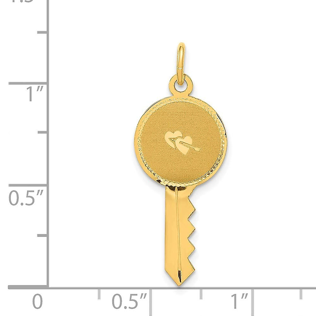 Solid 14k Yellow Gold Hearts Rounded Top Key Charm Brushed Matte Finish Pendant - 30mm x 12mm