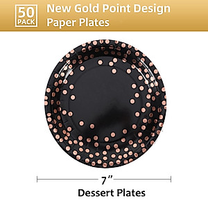 CENLBJ Black & Rose Gold Dots Party Paper Plates, 50 PCS Disposable Party Supplies Dessert Paper Plates for Birthday Party Wedding Graduation Party Supplies (7 inches)