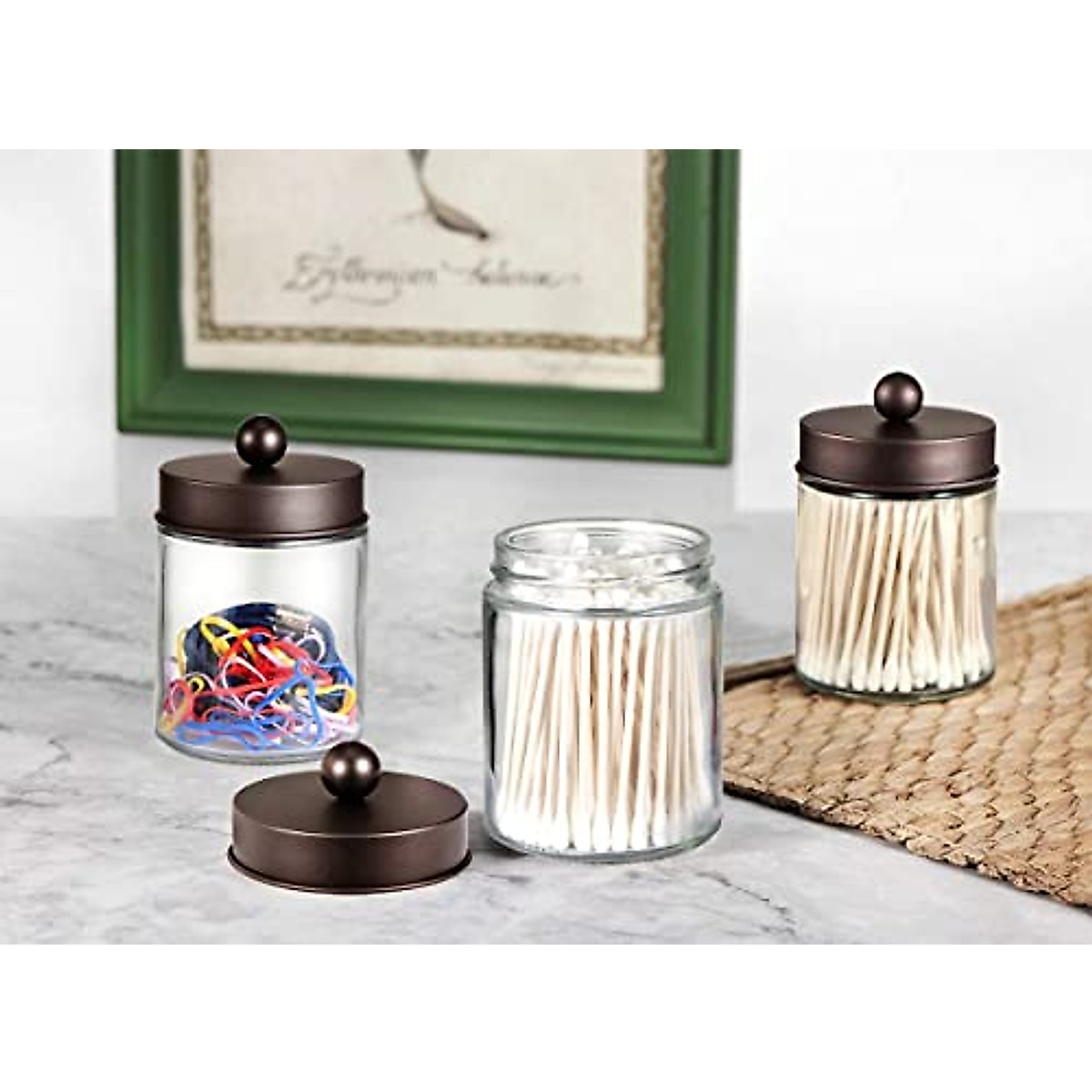 Apothecary Jars Bathroom Storage Organizer - Cute Qtip Dispenser Holder Vanity Canister Jar Glass with Lid for Cotton Swabs,Rounds,Bath Salts,Makeup Sponges,Hair Accessories/Bronze (2 Pack)