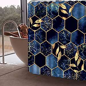 4Pcs Blue Marble Shower Curtain Sets, Leaves Grid Honeycomb Irregular Plaid Geometric Bathroom Decor, Rug Toilet Lid Cover and Non-Slip U Shape Mat, Waterproof Shower Curtain with 12 Hook, 72 x 72