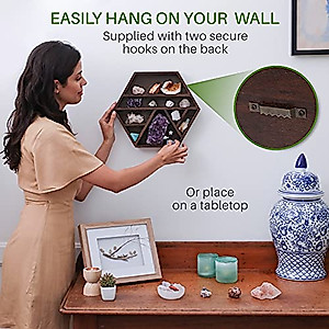 ENSO SENSORY Tsuki Crystal & Rock Display Shelf - Hexagon Floating Wall Shelves with Cresent Moon Design for Rocks, Crystals, Oils, Stones, Plants - Honeycomb Geometric Shape Home Decor