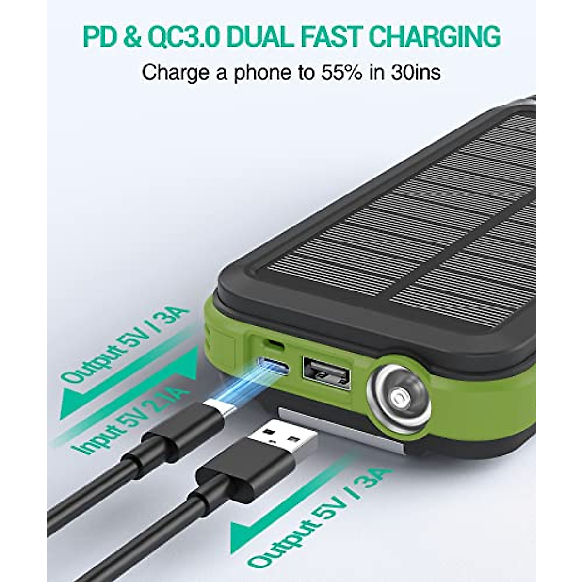 BLAVOR Solar Power Bank with FM Radio,Portable Wireless Charger 20000mAh External Battery Pack 15W QC 3.0 Fast Charging,Bright Flashlight, Compatible with Smartphones and All USB Devices (Green)