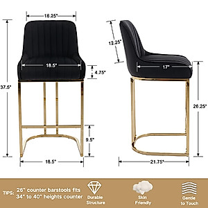 Shunzhi Modern Counter Height Bar Stools Set of 2 Black Bar Stools with Back/Gold Legs Upholstered Velvet Barstools 26'' Kitchen Counter Stools Bar Chairs for Kitchen Island Home Bar Pub