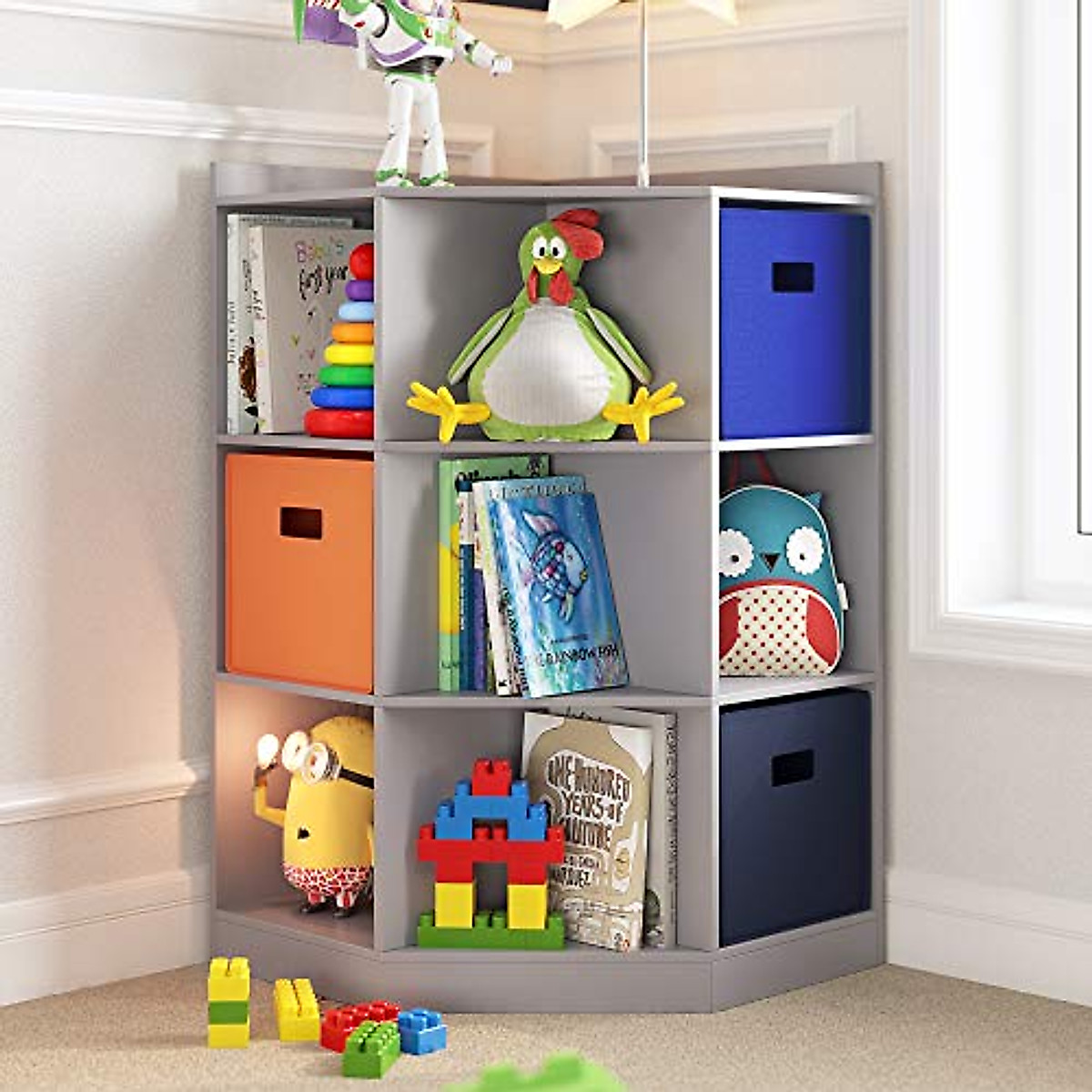 RiverRidge Kids Toy Storage Corner Cabinet with 6 Cubbies & 3 Angled Shelves - Gray Toy Shelf Cubby Corner Storage Shelf Playroom Toy Organizer