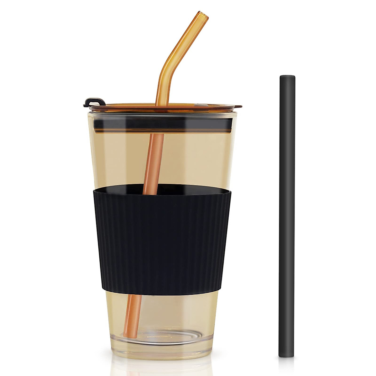 Faynore 16oz Glass Tumbler Colored Glass Cups with Lids and Straws, Drinking Glasses for Juice Beverages Iced Coffee Tea Smoothie Soda Milk (Amber)