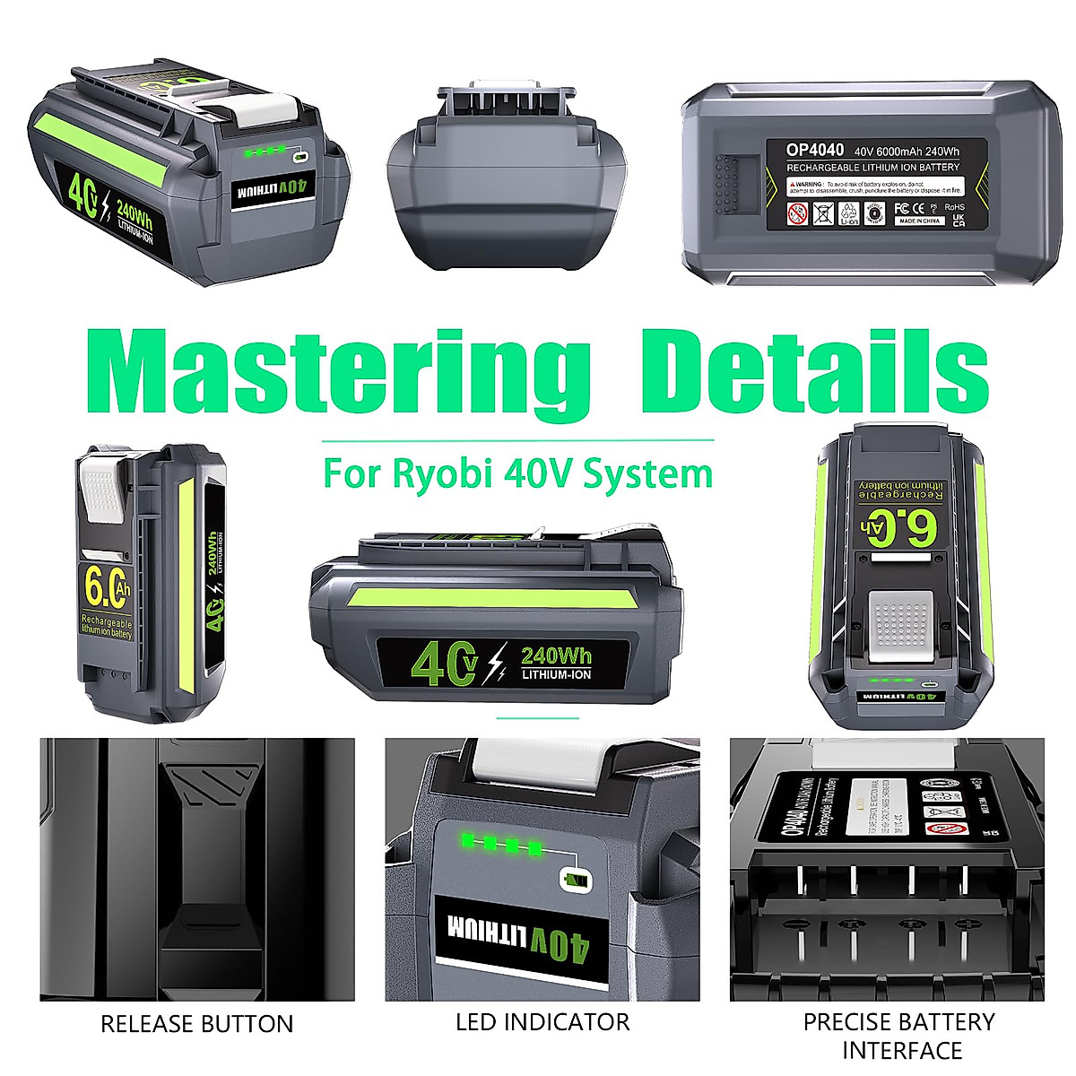 TenHutt 【Upgrade】 6.0Ah 40V Battery Replacement for Ryobi 40V Battery OP4060 for Ryobi 40Volt Cordless Tool Li-ion Battery OP4015 OP4026 OP40201 OP40261 OP4030 OP40301 OP4040 OP40401 OP4050 OP40601
