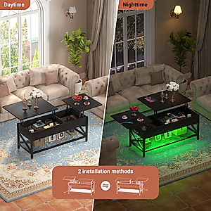 Besiost Lift Top Coffee Table with Storage, LED Light & Power Outlet and Hidden Compartment, Retro Center Table for Living Room, X Support Wood Tabletop, Metal Frame