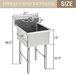 HALLY Commercial Stainless Steel Sink 1 Compartment NSF Prep & Utility Sink with 8" Faucet 18" L x 18" W x 12" D Bowl for Bar, Restaurant, Kitchen, Hotel and Home