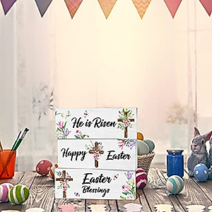 3 Pcs He is Risen Easter Blessings Happy Easter Table Wooden Sign Easter Tiered Tray Decor Religious Easter Tabletop Decorations Flower Cross Sign for Farmhouse Home Spring Easter Decor