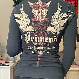 Argeousgor Women Y2k Zip Up Crop Hoodie Vintage Graphic Printed Crop Sweatshirt Slim Fit Aesthetic Long Sleeve Jacket with Pockets(C1-dark grey,S)