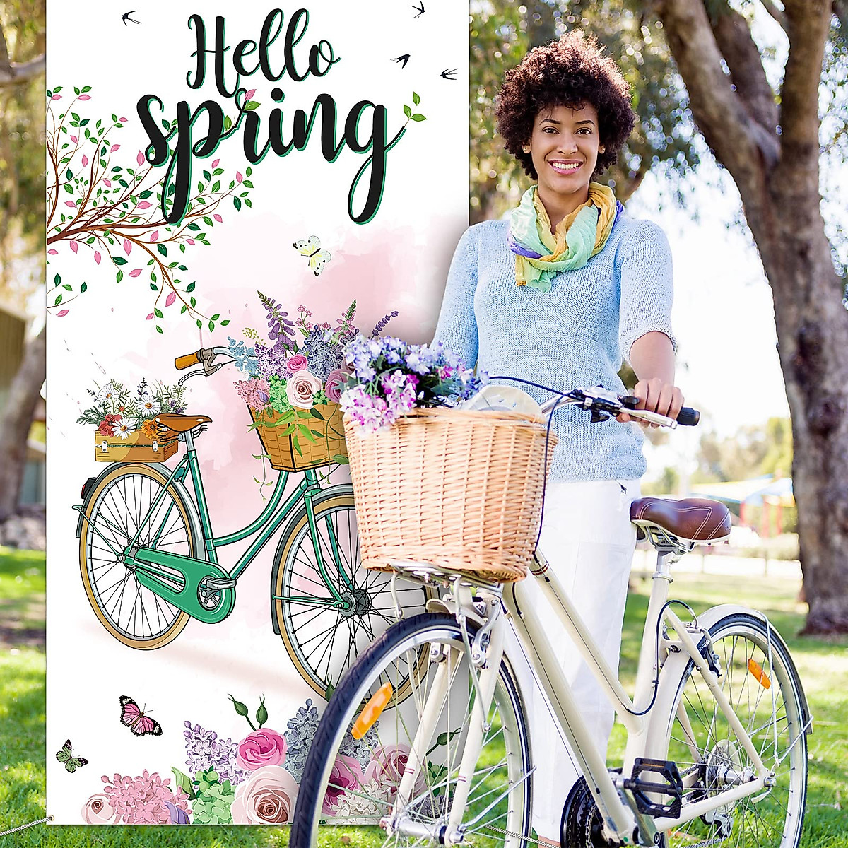 Hello Winter Welcome Porch Sign Door Cover Banner Winter Party Decoration Backdrop Floral Bike Banner Large Seasonal Door Banner Background Door Cover, 70.8 x 35 Inch (Spring Style)