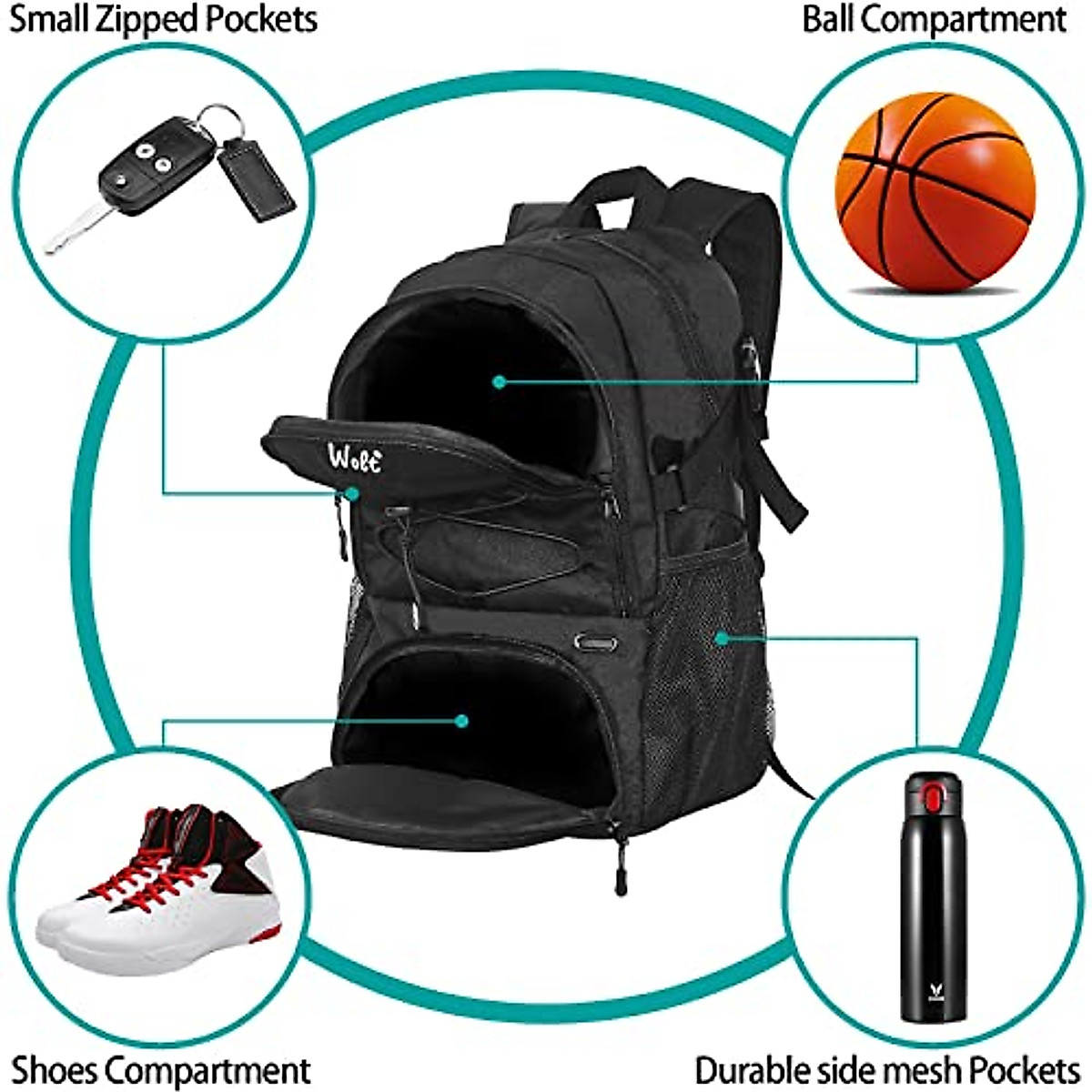 WOLT | Basketball Backpack Large Sports Bag with Separate Ball holder & Shoes compartment, Best for Basketball, Soccer, Volleyball, Swim, Gym, Travel(Black)