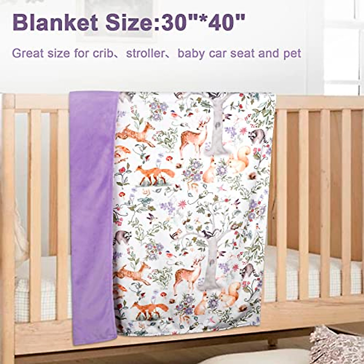 CARUILI Baby Blanket, Purple Fleece Baby Blankets for Boys Girls, Warm Soft Portable Toddler Minky Blanket with Woodland Animal Print, for Newborn Crib, Stroller, 30 x 40 Inch