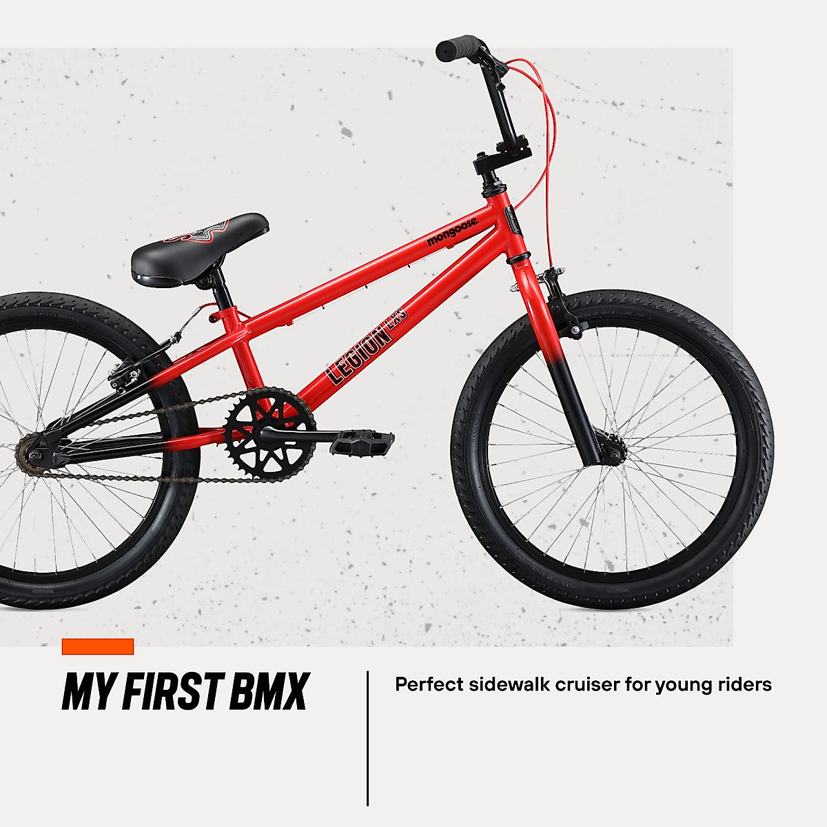 Mongoose Legion LXS Kids Freestyle Sidewalk BMX Bike, Beginner Riders, Boys and Girls, 20-Inch Wheels, Hi-Ten Steel Frame, Micro Drive 36x16T BMX Gearing, Red