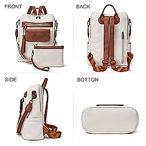 CASEEK Womens Backpack Purse Leather: Fashion Convertible Ladies Shoulder Bag Waterproof Anti theft with Wristlet (Beige With Brown)