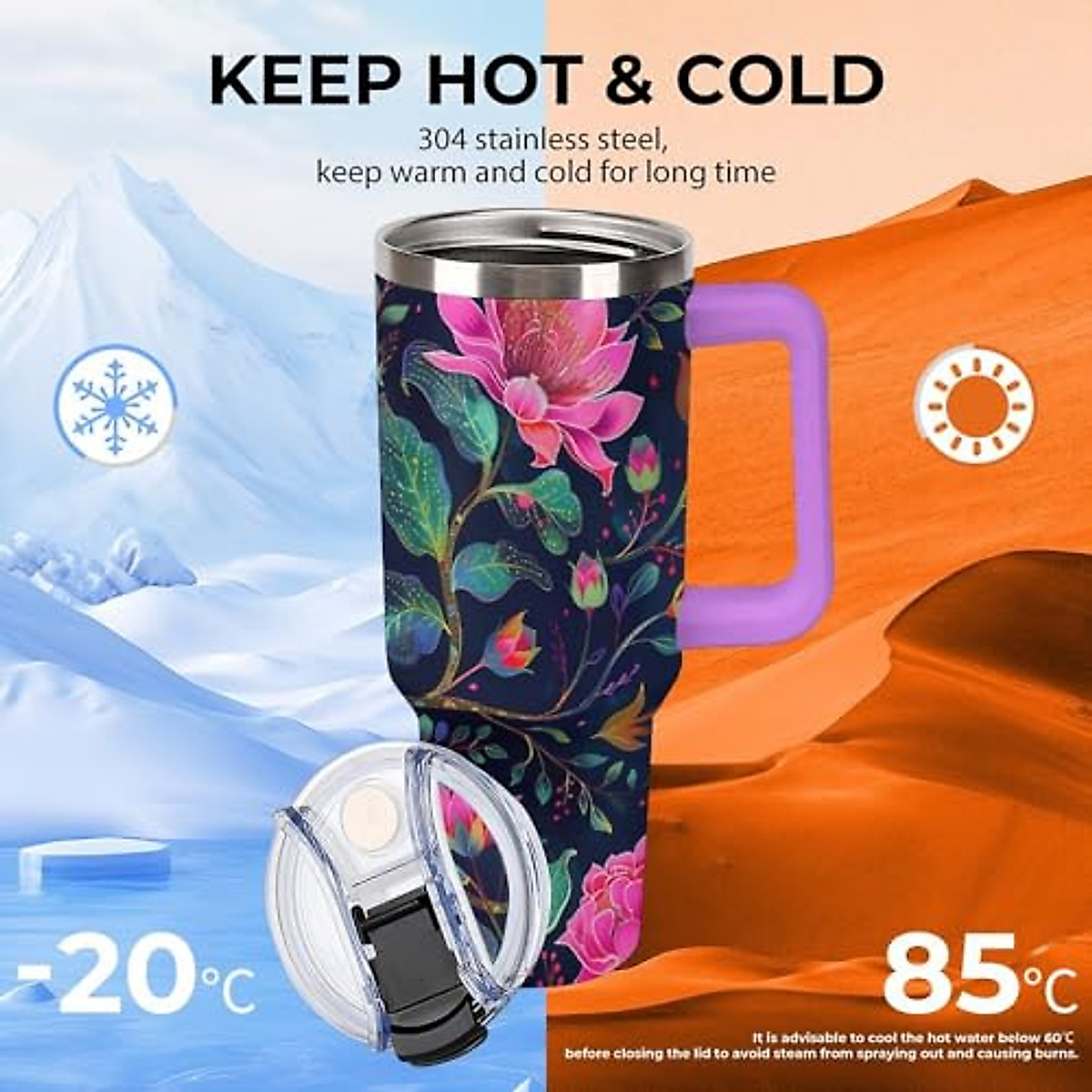 William Morris Insulated Tumbler with Lid And Straw Stainless Steel Travel Coffee Mug 40oz Violet-style