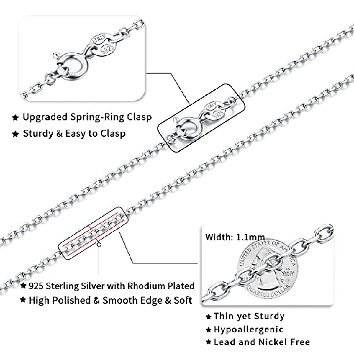 Jewlpire 925 Sterling Silver Chain Necklace Chain for Women Girls 1.1mm Cable Chain Necklace Upgraded Spring-Ring Clasp - Thin & Sturdy - Italian Quality 16 Inch