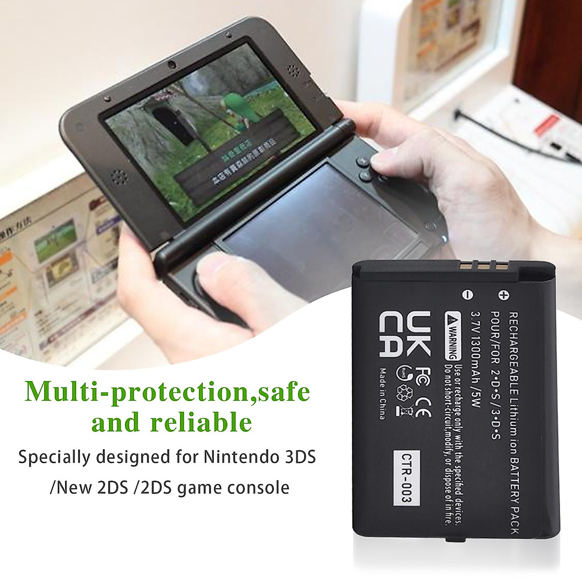 Tectra 1300mAh CTR-003 CTR003 Battery Compatible with Nintendo 3DS 2DS Gaming Console + Charging Cable(Not Compatible with New 3DS and 3DS XL)