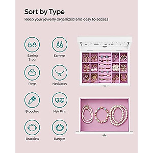 SONGMICS Jewelry Box, 2-Tier Jewelry Organizer with Flower Carvings, Drawer, Gift for Loved Ones, Kids, Jewelry Storage Case for Rings, Earrings, Necklaces, Bracelets, White UJOW201