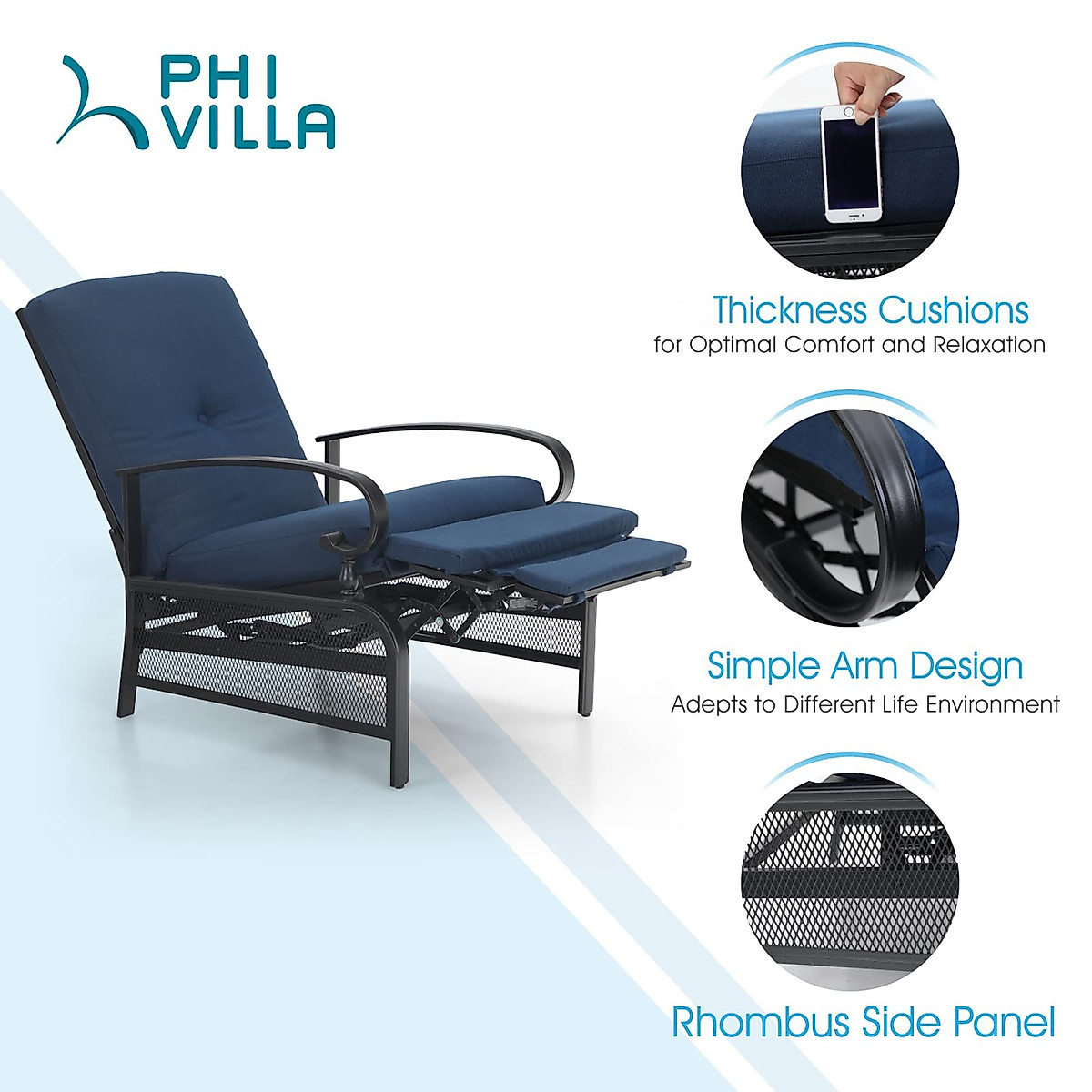 PHI VILLA Adjustable Patio Recliner Chair Metal Outdoor Lounge Chair with Removable Cushions Support 300lbs, Navy