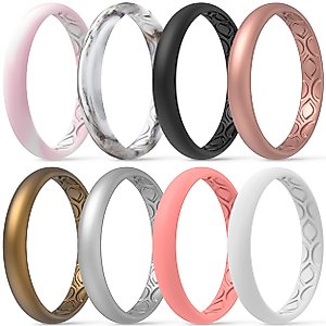 ThunderFit Silicone Wedding Rings for Women, Breathable Air Grooves Engagement Bands 3mm Wide 1.5mm Thick - 1/4/8/12 Variety Multipack (Pack W - Size 7.5-8 (18.2mm))