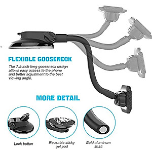 Car Phone Holder Mount with Suction Cup for Windshield/Dashboard/Air Vent, One Hand Operation Anti-Shake Magnetic Cell Phone Holder with Spacer, Gooseneck Long Arm Sturdy Phone Mount for All Phones
