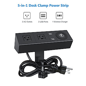 Desk Clamp Power Strip with Wireless Charger,Desk Mounted Power Strip with USB,900 Joules Surge Protector Desk Edge Power Strip,Desk Power Station with 2 Outlet and 2 USB Ports,6ft Cable