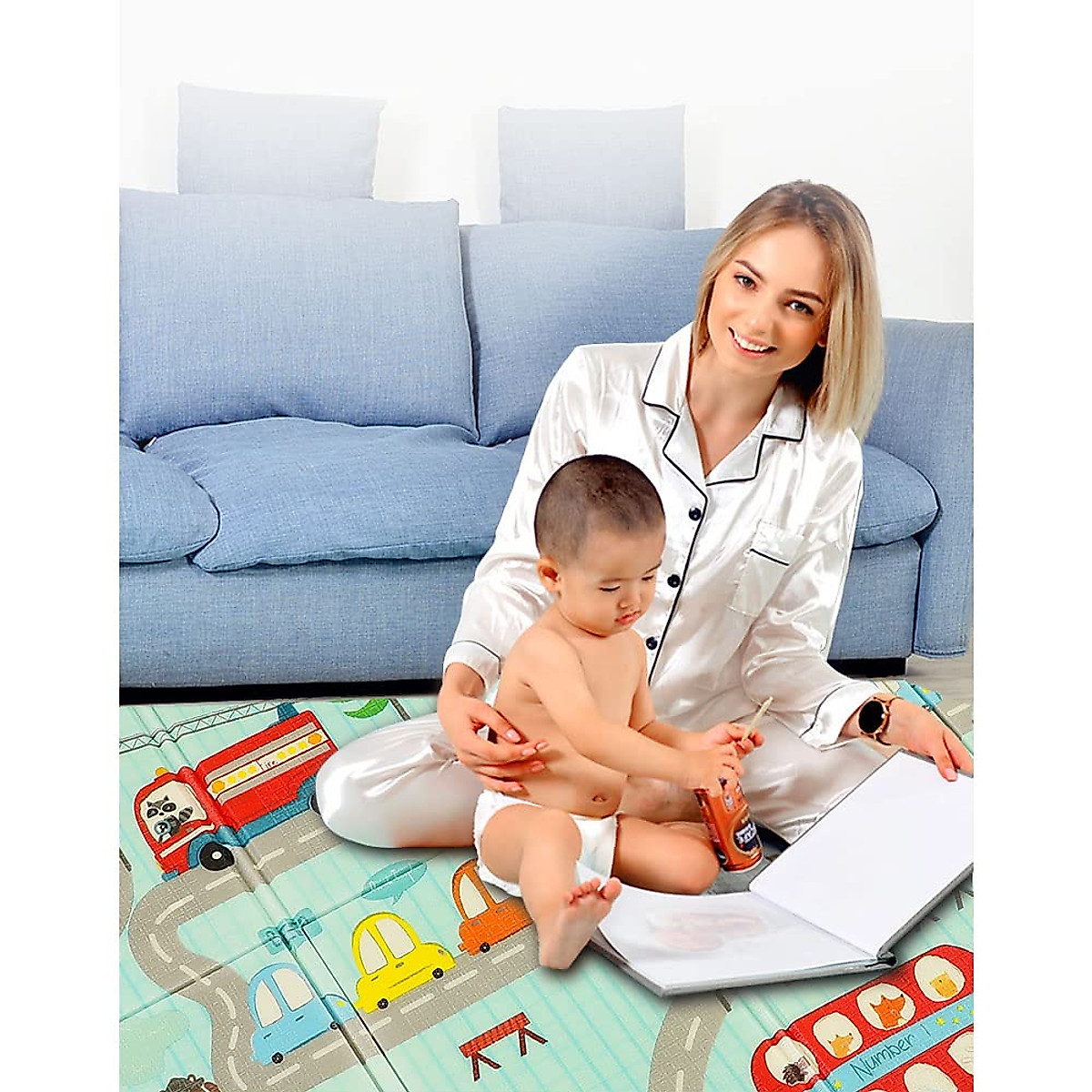 79 x 71” Baby Play Mat Reversible Foldable Floor Playmat Extra Large Thick Foam Playmat Non-Toxic Waterproof Crawling Mat for Infants Toddlers and Kids Indoor Outdoor Use (Car-Animal)