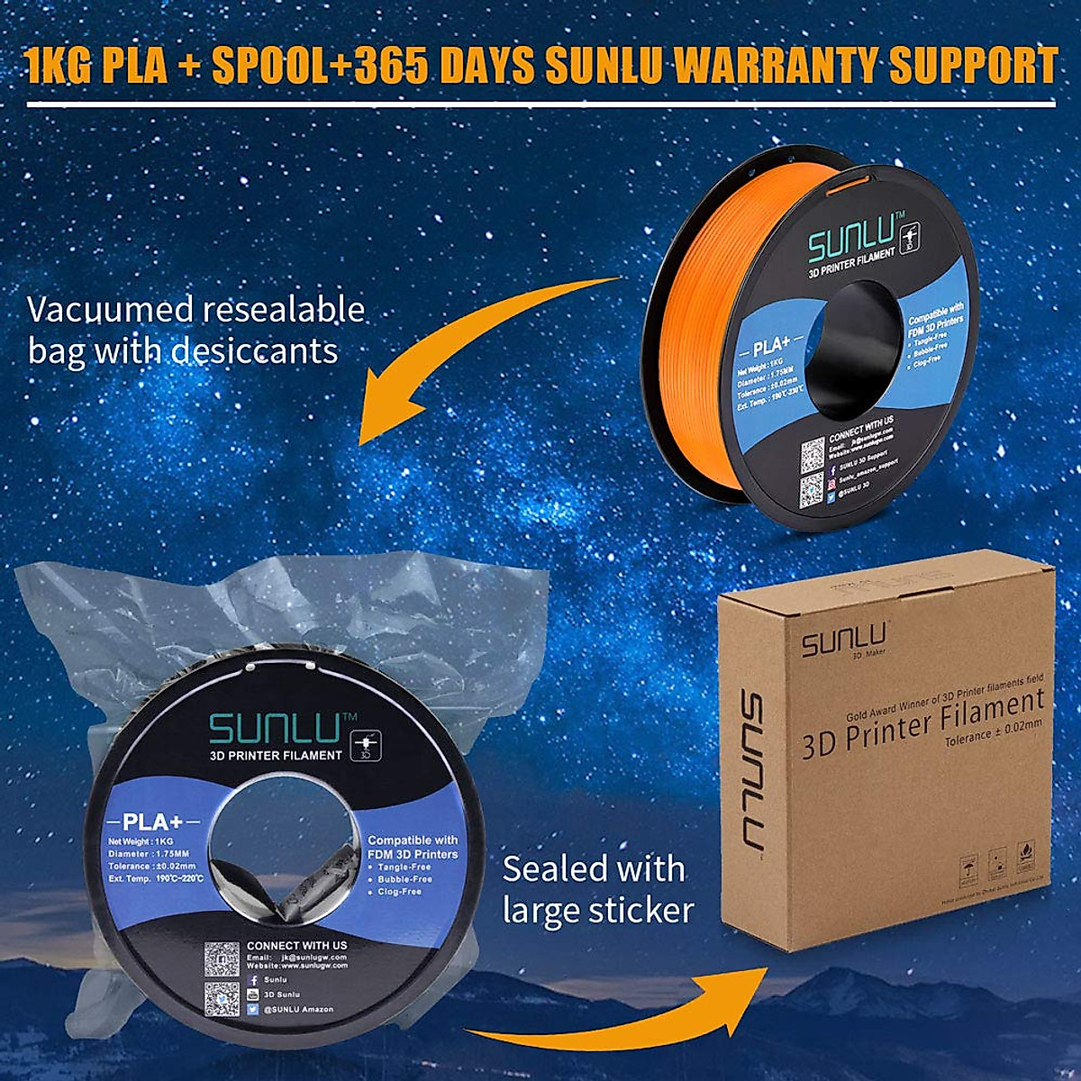 SUNLU PLA+ Filament 1.75mm 10KG PLA Plus 3D Printing Filament for 3D Printer & 3D Pens Tolerance Accuracy +/- 0.02 mm, 11x1KG (10 Colors)