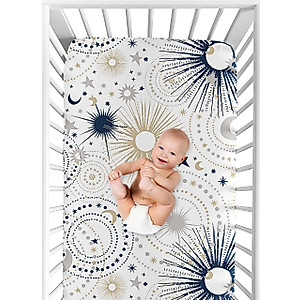 Sweet Jojo Designs Star and Moon Boy or Girl Fitted Crib Sheet Baby or Toddler Bed Nursery - Navy Blue, Gold, and Grey Celestial Sky Stars Gender Neutral Unisex