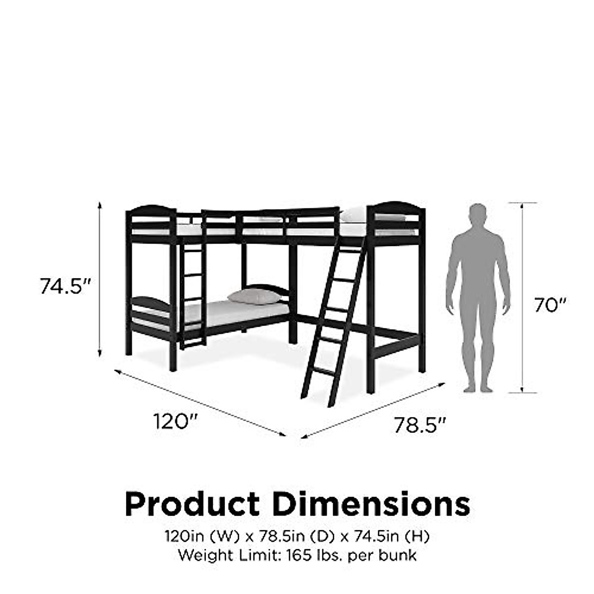 DHP Dorel Living Clearwater Triple Wood Bunk, Twin Size, Black Bed