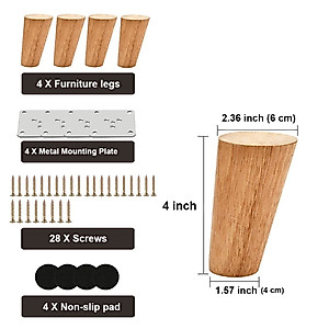 Alecutremy Wood 4 Inch Tapered Furniture Legs Set of 4 Round Solid Mid Century Couch Feet Replacement Legs for Sofa Dresser Cabinet Bed Ottoman Home DIY
