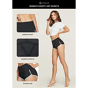 ATHLIO Women's Mid Waist Yoga Shorts, Workout Stretch Gym Shorts, Exercise Running Shorts w Hidden Pocket, Booty Shorts 3pack Black/Blue/Plum, Medium