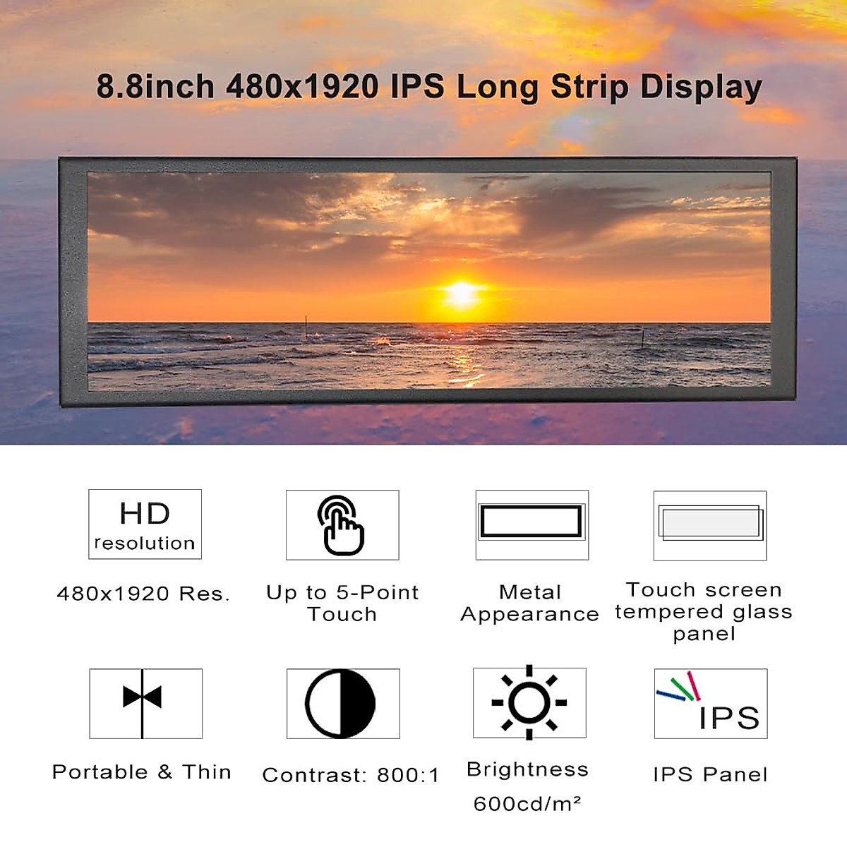 LESOWN 8.8 inch Wide Touch Screen Monitor LCD Display, 480x1920 LCD Monitor bar LCD Display Ultra Wide Screen Monitor for Windows Rpi4