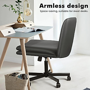 LEMBERI Armless Office Desk Chair with Wheels,Faux Leather Cross Legged Wide Chairs, Mid Back Swivel Computer Task Chairs for Home Office,Make Up,Small Space,Bed Room, Grey