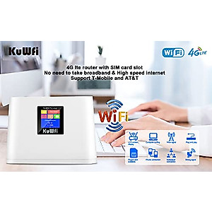 KuWFi 4G LTE Router with SIM Card Slot, Mobile WiFi Hotspot with LCD Display RJ45 | Support T-Mobile and AT&T | 150Mbps Wireless Connect up to 10 Devices(Built-in Antenna, No External)