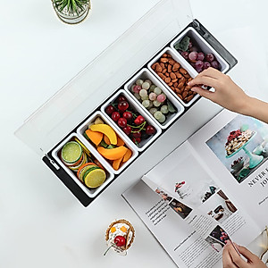 TRBIDRBO 6 Compartment Fruit Veggie Condiment Caddy with Lid, Plastic Ice Cooled Condiment Serving Container Chilled Garnish Tray Bar Caddy