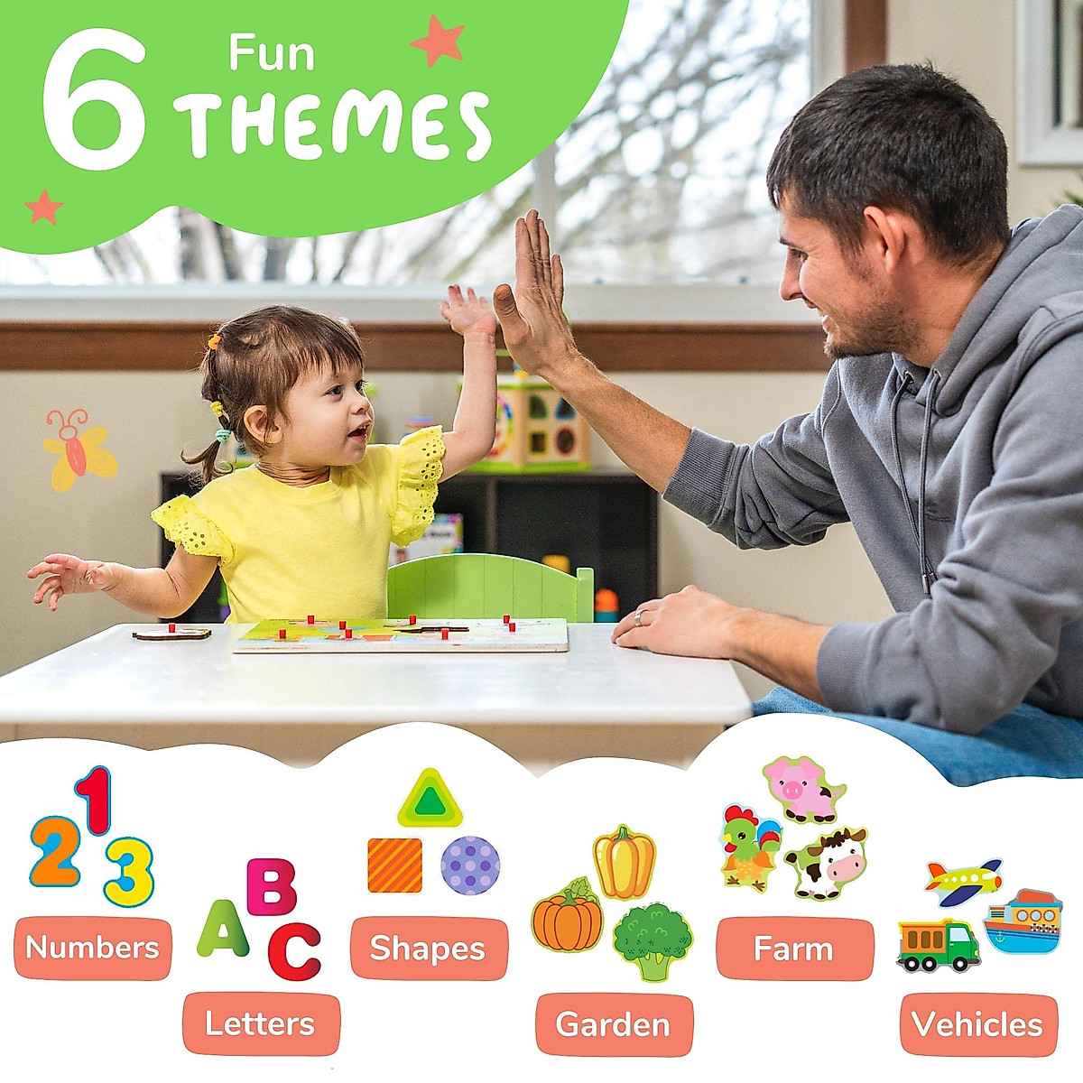 TOYVENTIVE Wooden Peg Puzzles for Toddlers – 6 Pack with Wire Puzzle Holder Rack for Kids, Learning Preschool Wood Knob Puzzle Toys for Boys and Girls - Alphabet Number Animal Vehicle Shape Fruit